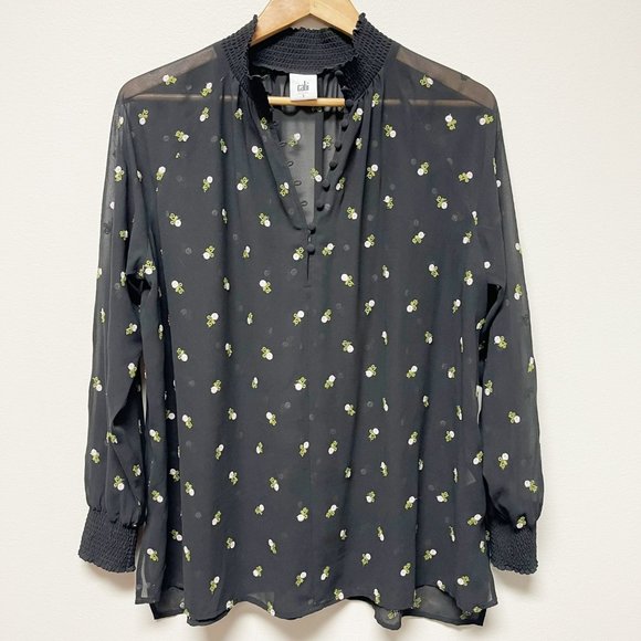 CAbi | Tops | Cabi Black Chiffon Smocked Mock Neck Floral Embroidered ...